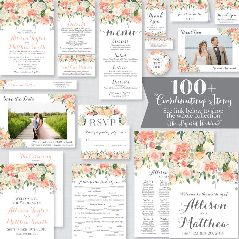 EDITABLE Wedding Tags Printable Peach Floral Wedding Labels - Etsy