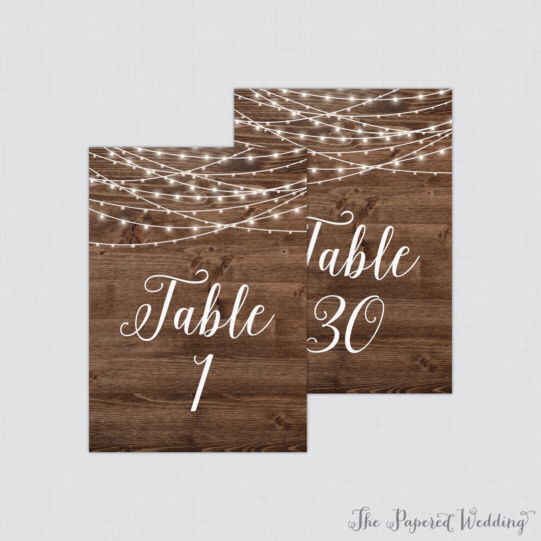 Printable Rustic Wedding Table Numbers - Wood and String Lights Table ...
