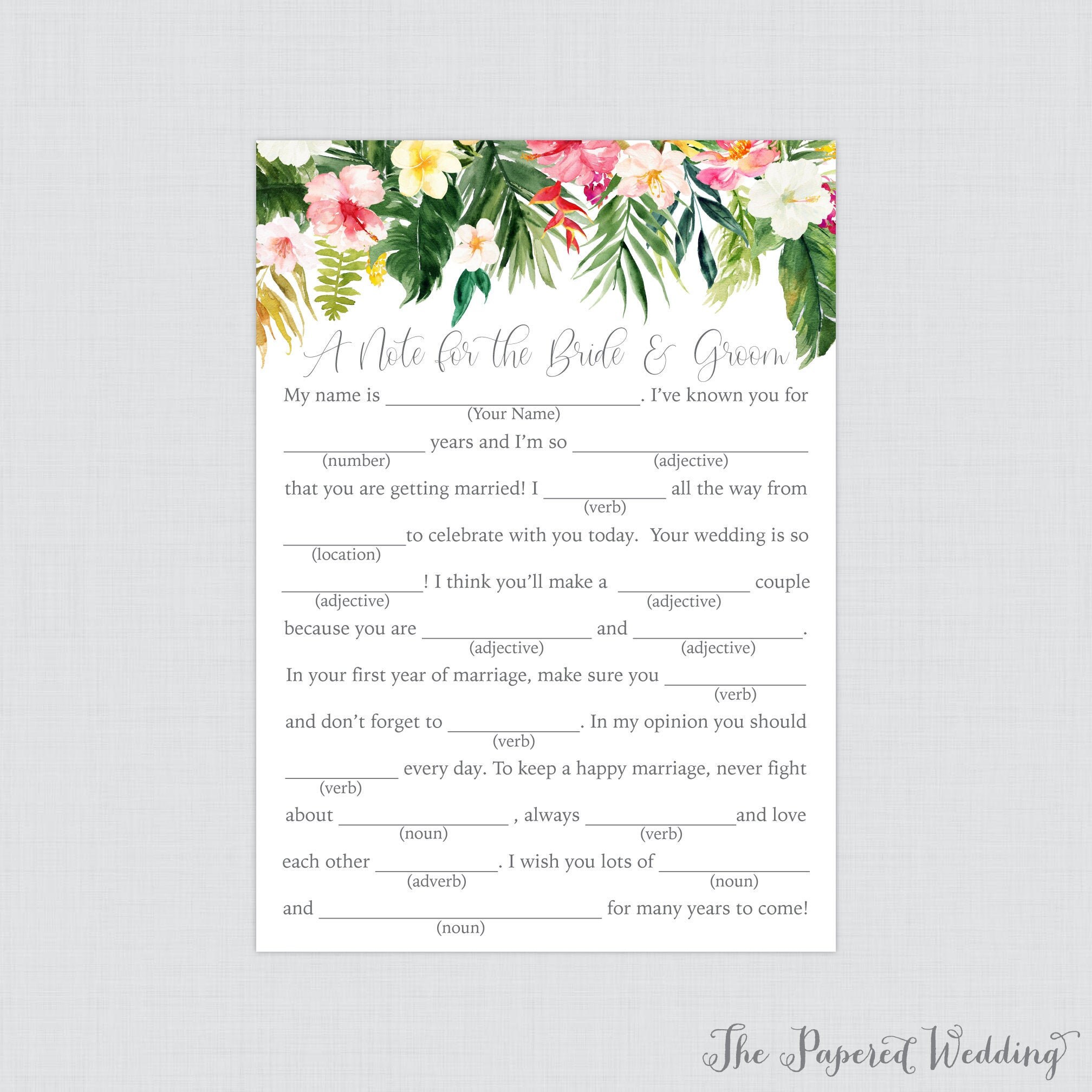 Printable Tropical Wedding Mad Libs Hawaiian Flower & Palm | Etsy