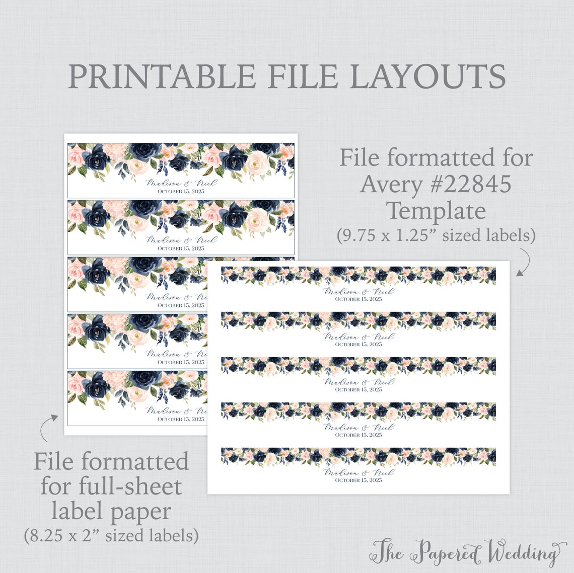 Printable OR Printed Navy and Pink Floral Water Bottle Labels | Etsy