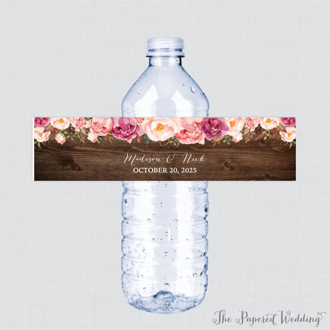 Printable OR Printed Rustic Wedding Water Bottle Labels - Wood and Pink ...