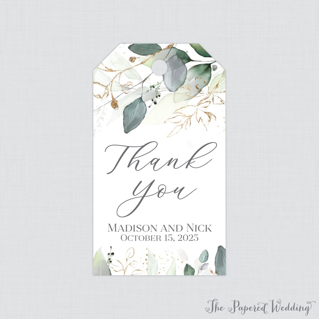 Printable OR Printed Green and Gold Wedding Favor Gift Tags - Greenery ...