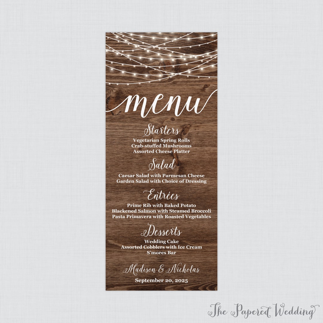 Printable OR Printed Rustic Wedding Menu Cards - Wood and String Lights ...