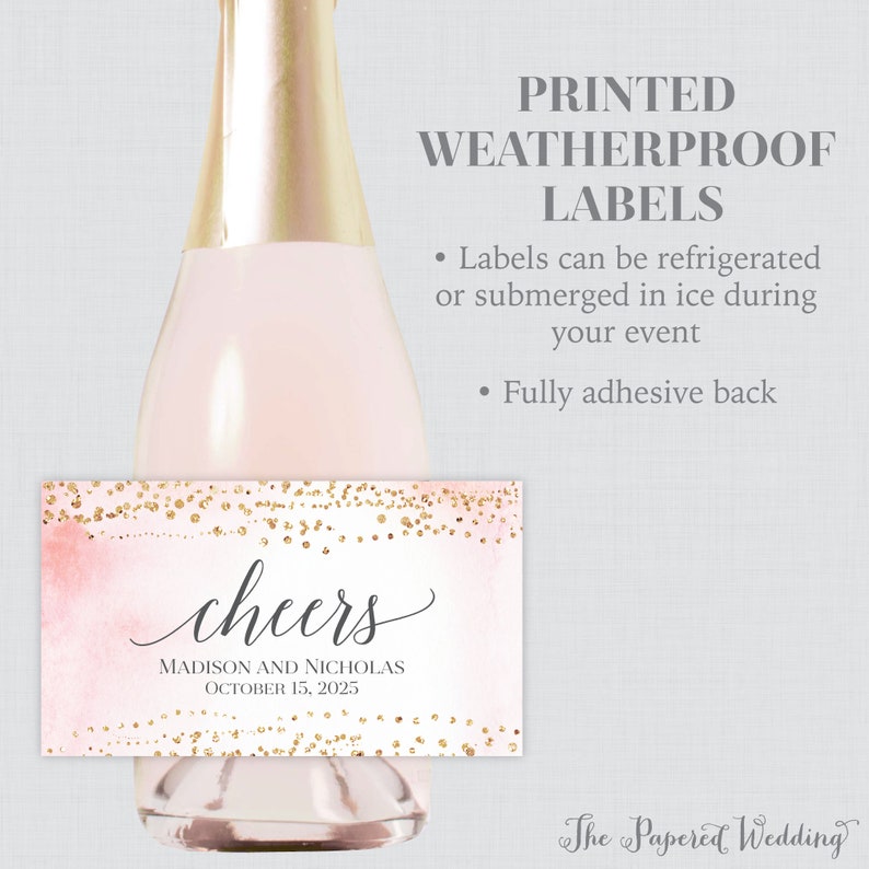 PRINTED Pink and Gold Mini Champagne Bottle Labels - Pink Watercolor ...