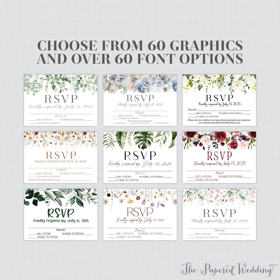 Printable OR Printed RSVP Cards - Choose From 60 Flower Graphics, Font ...