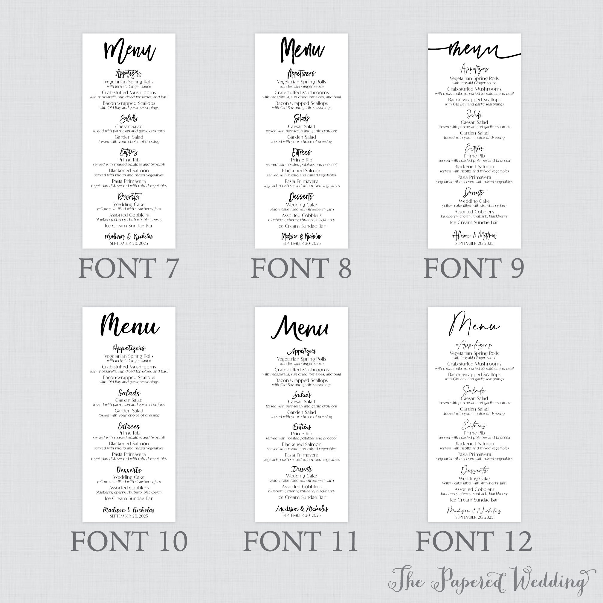 Printable OR Printed Wedding Menu Cards - With Custom Color and Font ...