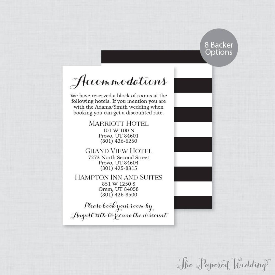 Printable OR Printed Wedding Accommodation Cards - Black and White Accommodation Inserts ...
