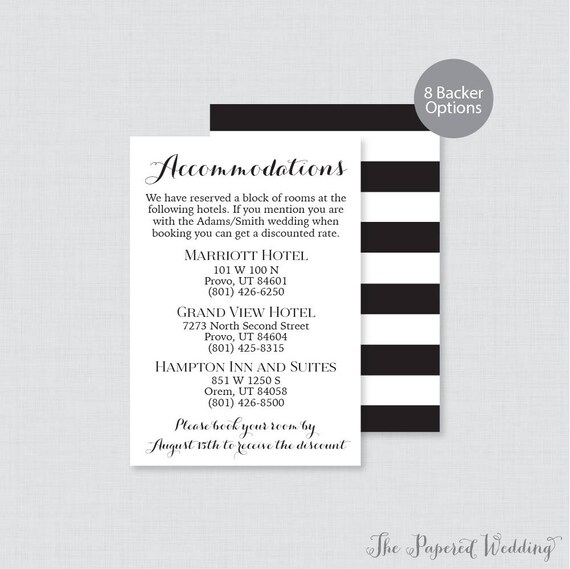 Printable OR Printed Wedding Accommodation Cards Black and | Etsy