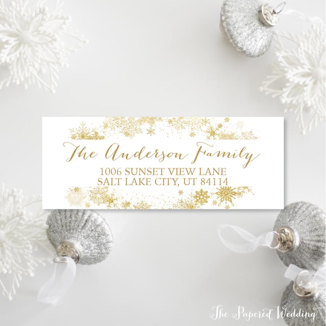 Gold Snowflake Return Address Labels - Gold and White Winter Return ...