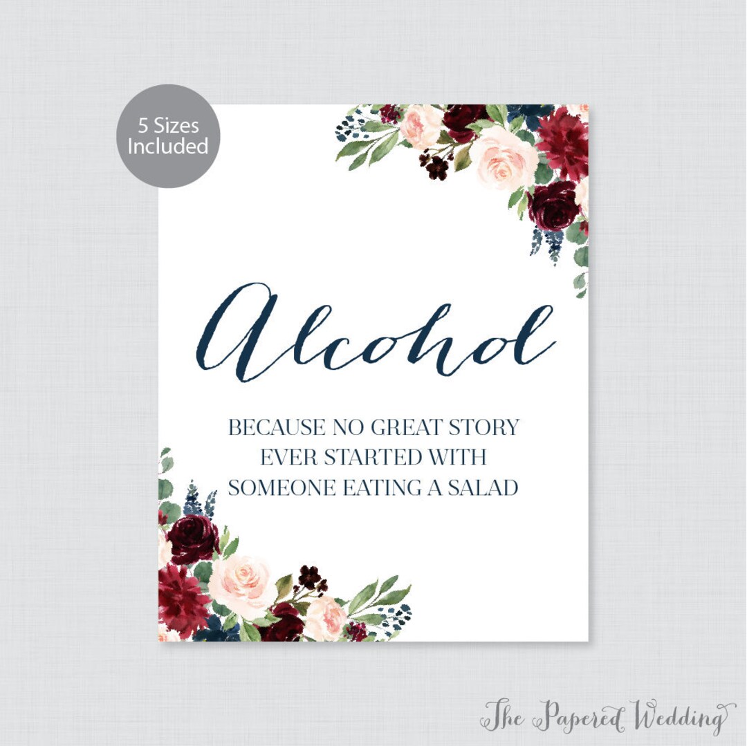 Printable Alcohol Sign - Navy Marsala Wedding Alcohol Sign - Rustic ...