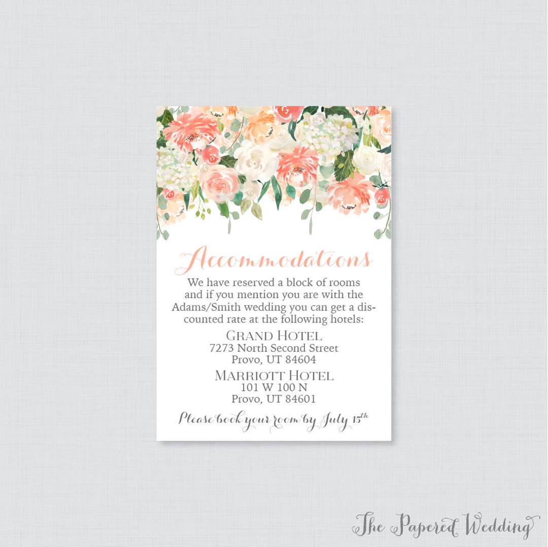 Printable OR Printed Wedding Accommodation Cards Peach Floral ...