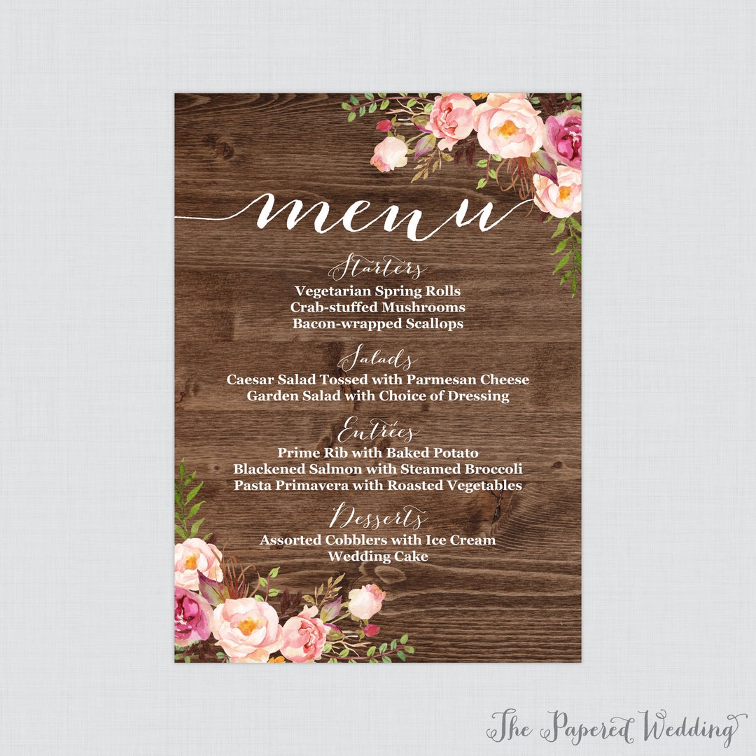 Printable OR Printed Rustic Wedding Menu Cards - Wood and Pink Flower ...