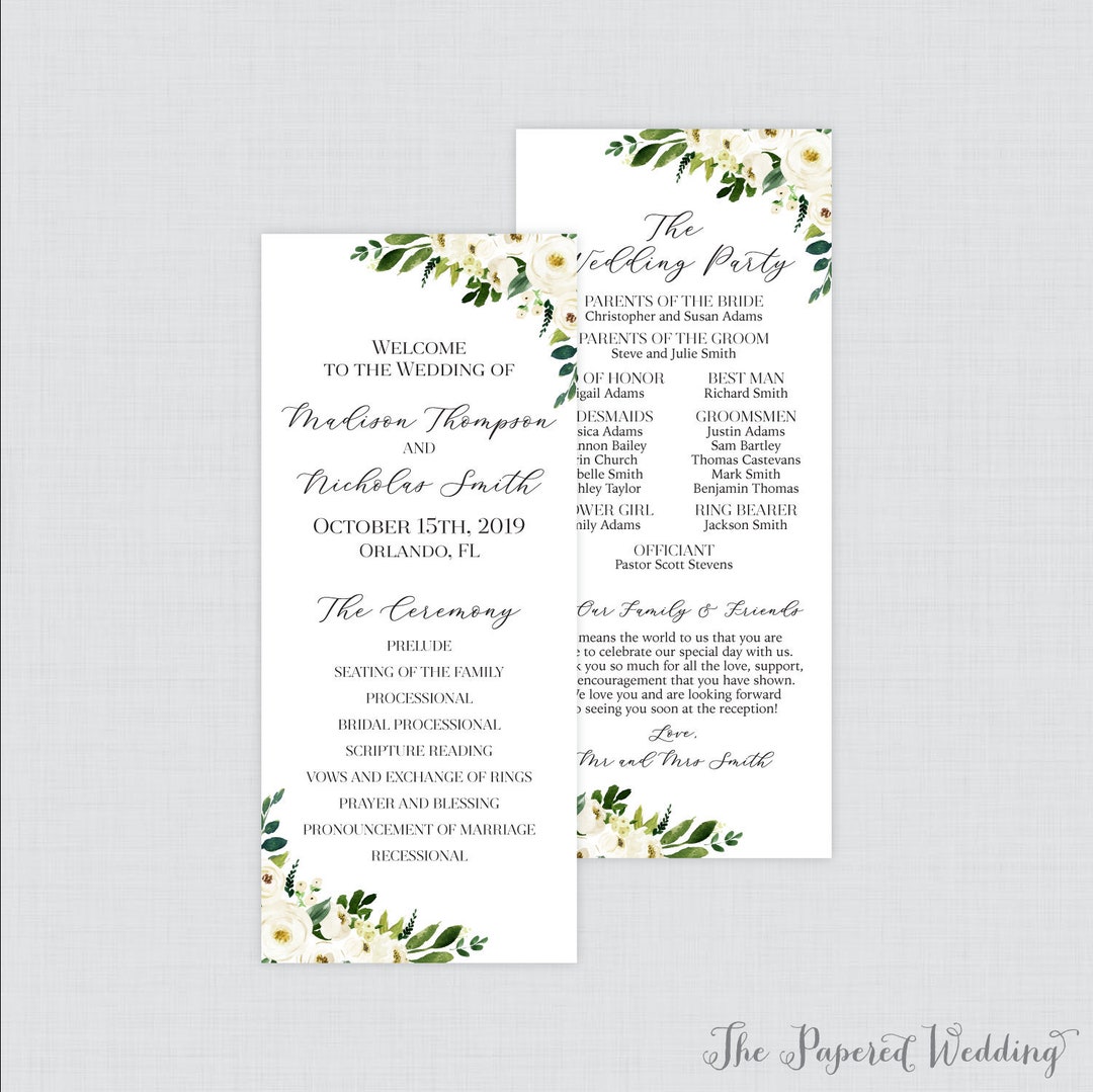 Printable OR Printed Wedding Programs - White Floral Wedding Ceremony ...