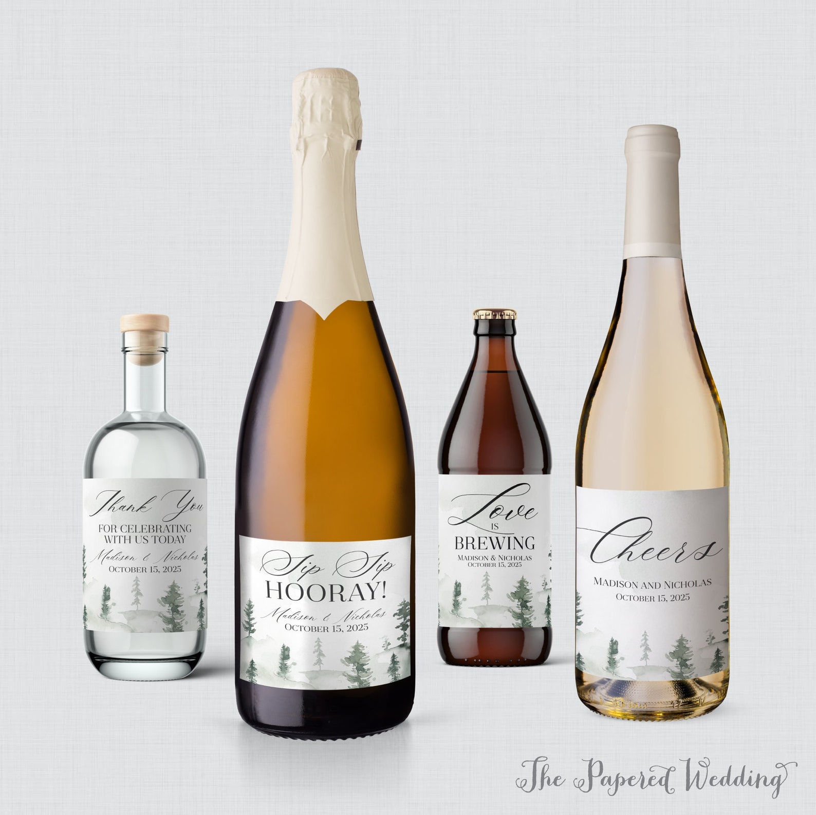 PRINTED Green Tree Wedding Wine Bottle Labels - Watercolor Green Forest ...