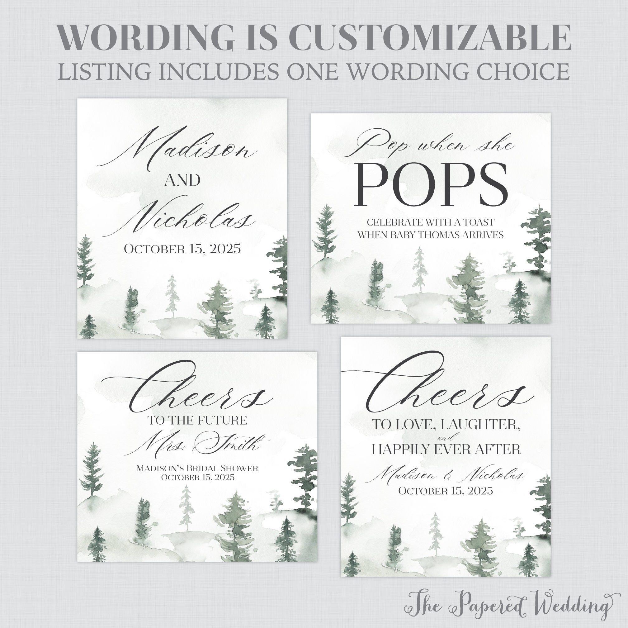 PRINTED Green Tree Wedding Wine Bottle Labels - Watercolor Green Forest ...