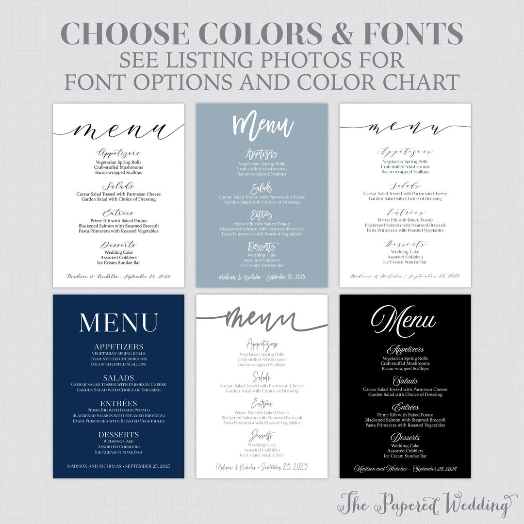 Printable OR Printed Wedding Menu Cards - With Custom Color and Font ...