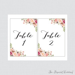 Printable Wedding Table Numbers - Pink Floral Table Numbers for Wedding ...