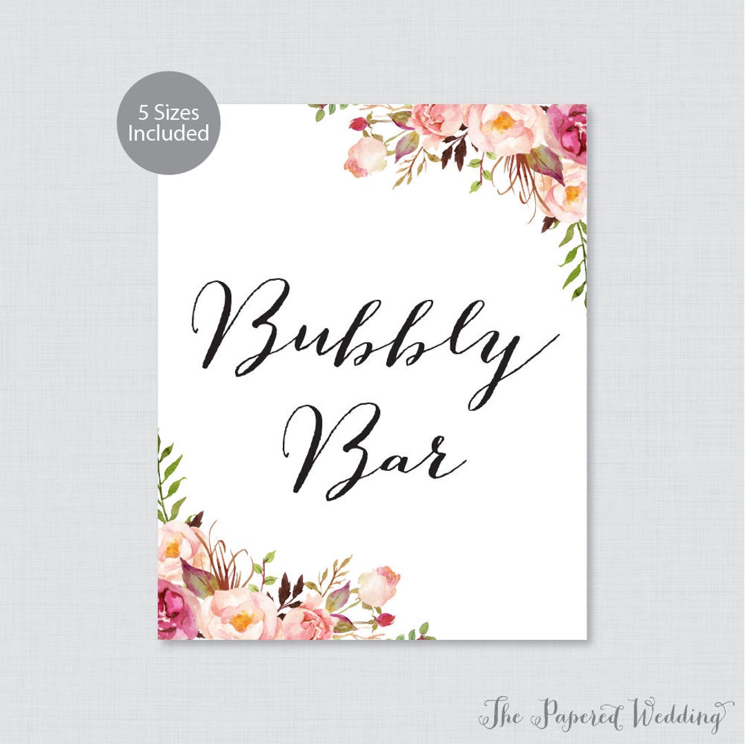 Printable Bubbly Bar Sign - Pink Floral Bubbly Bar Sign, Rustic Pink ...