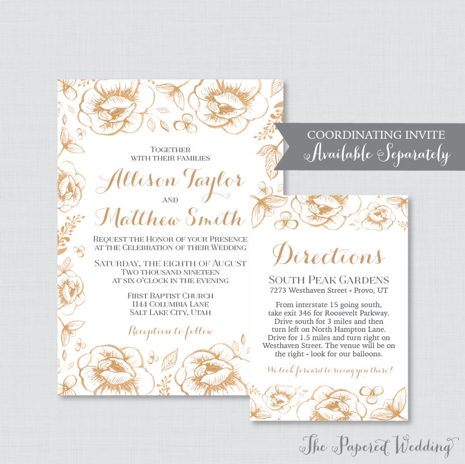 Printable OR Printed Wedding Direction Cards Gold Floral | Etsy