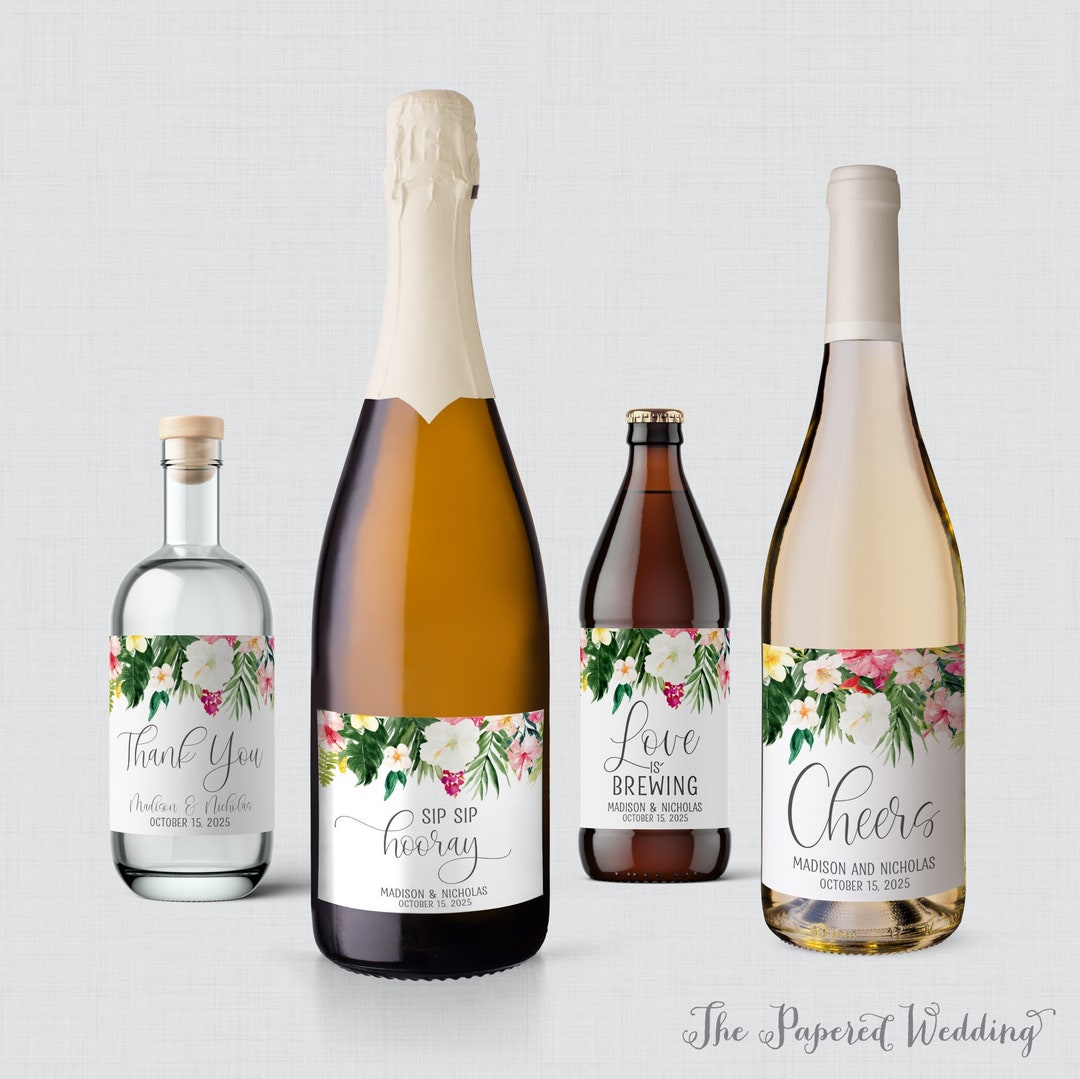 PRINTED Tropical Flower Wine Bottle Labels - Hawaiian Palm Leaf and ...