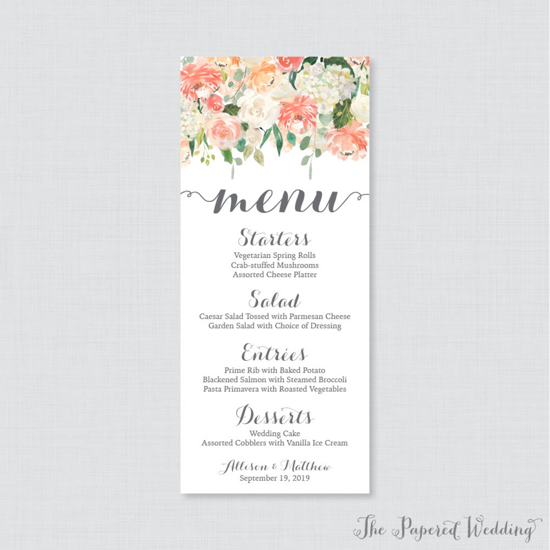 Printable OR Printed Wedding Menu Cards - Peach Floral Wedding Menu ...