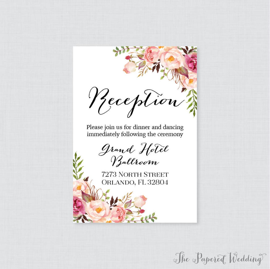 Printable OR Printed Wedding Reception Cards - Pink Floral Reception ...