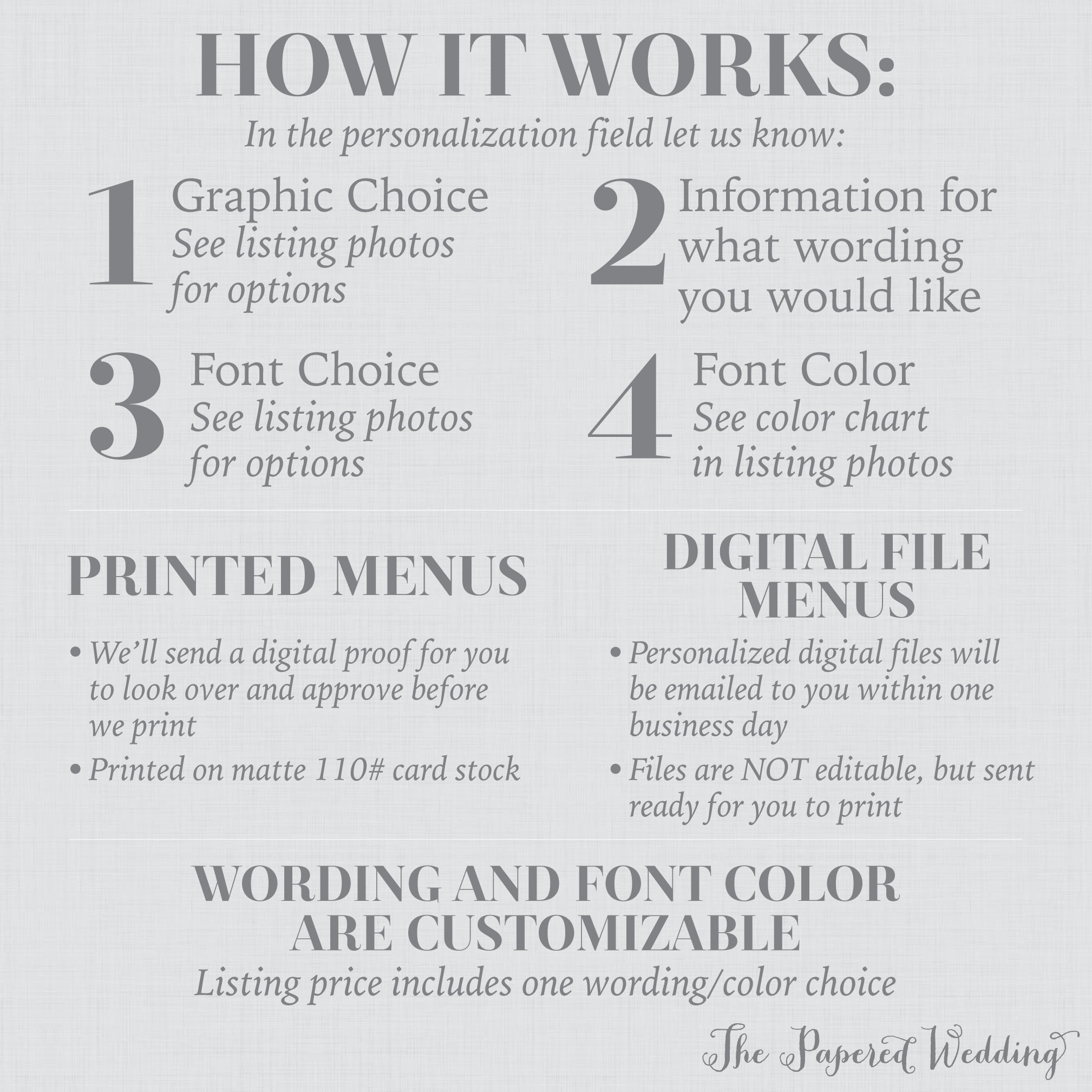 Printable OR Printed Floral Menu Cards - Choose Flower Graphic, Font ...