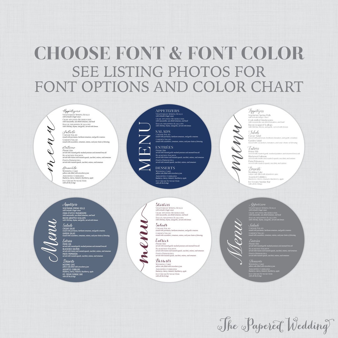 Printed Round Menu Cards With Custom Color and Font - Simple, Classic ...