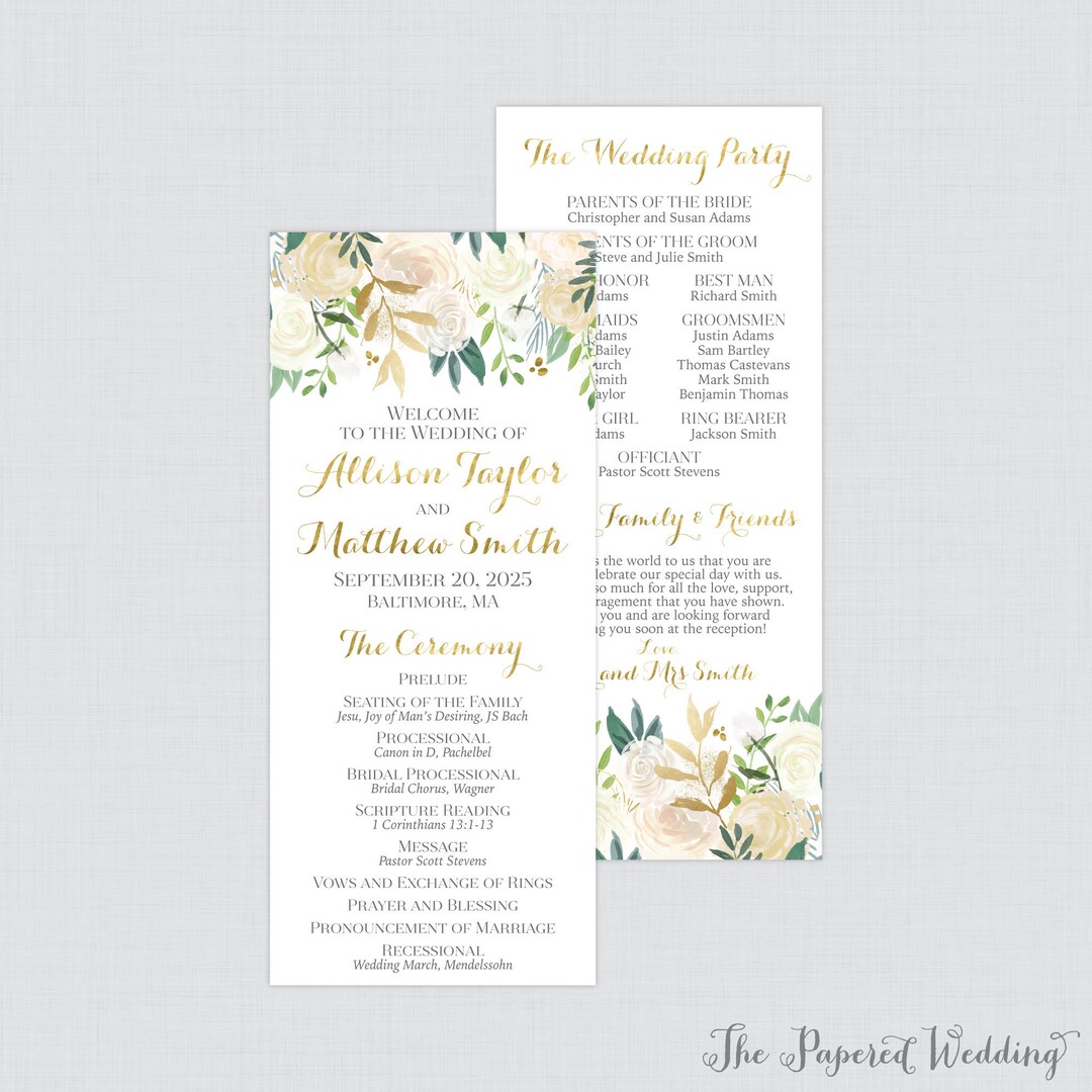 Printable OR Printed Wedding Programs Gold and White Floral Wedding ...