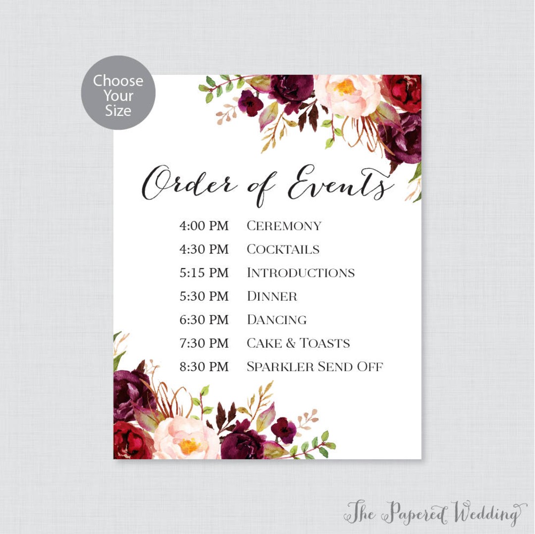 Printable Order of Events Sign - Marsala Wedding Order of Events Sign ...