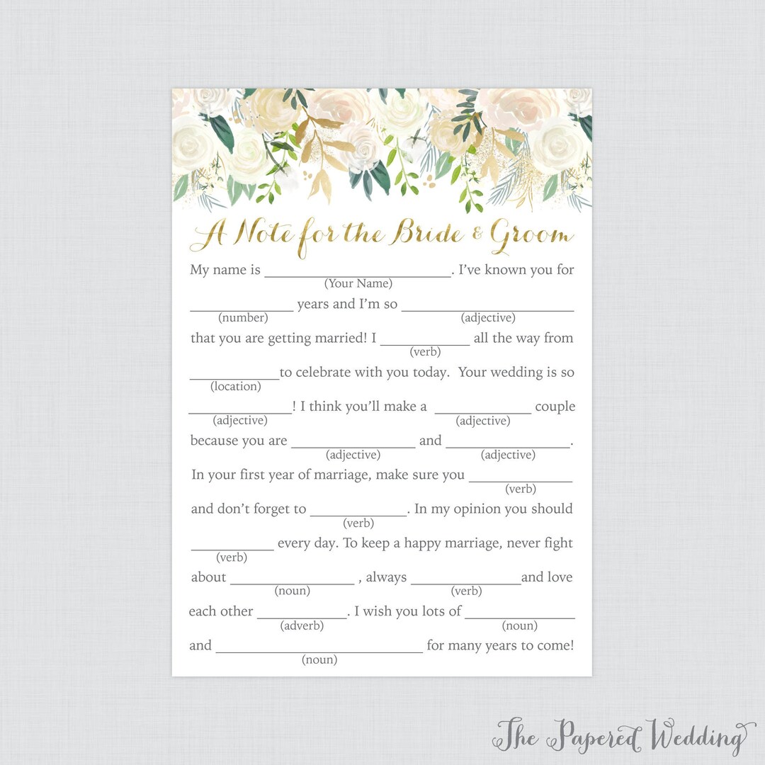 Printable Wedding Mad Libs - Gold and White Floral Wedding Mad Libs ...