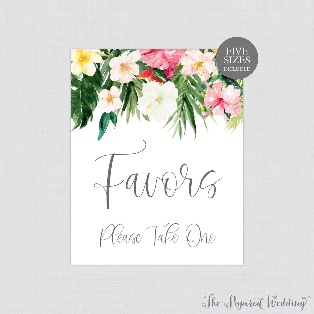 Printable Tropical Wedding Favors Sign - Hawaiian Flower & Palm Leaf ...