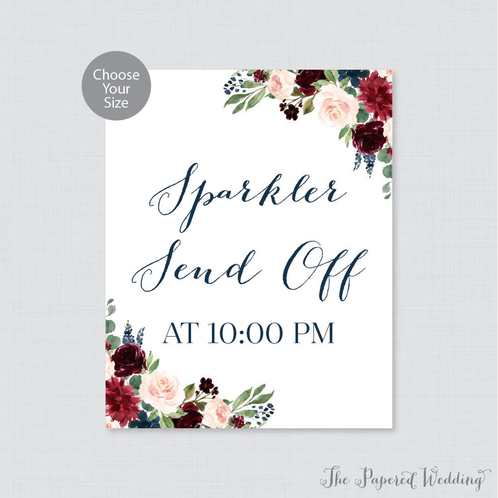 Printable Sparkler Send off Sign - Navy Marsala Floral Wedding Sparkler ...