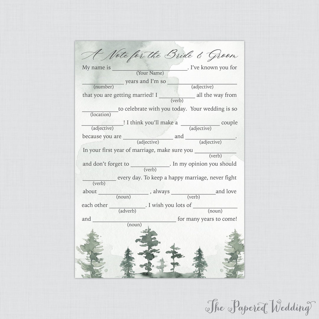 Printable Forest Wedding Mad Libs - Green Watercolor Trees Wedding Mad ...