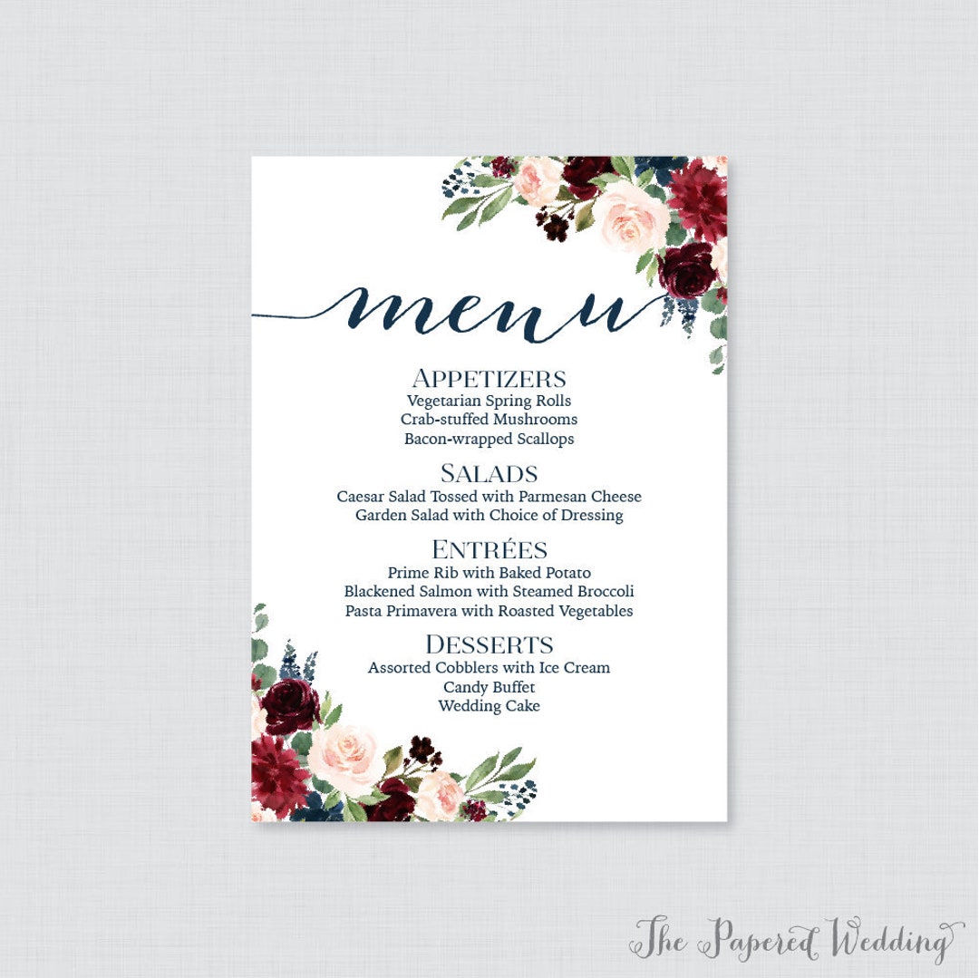 Printable OR Printed Wedding Menu Cards - Navy and Marsala Floral ...