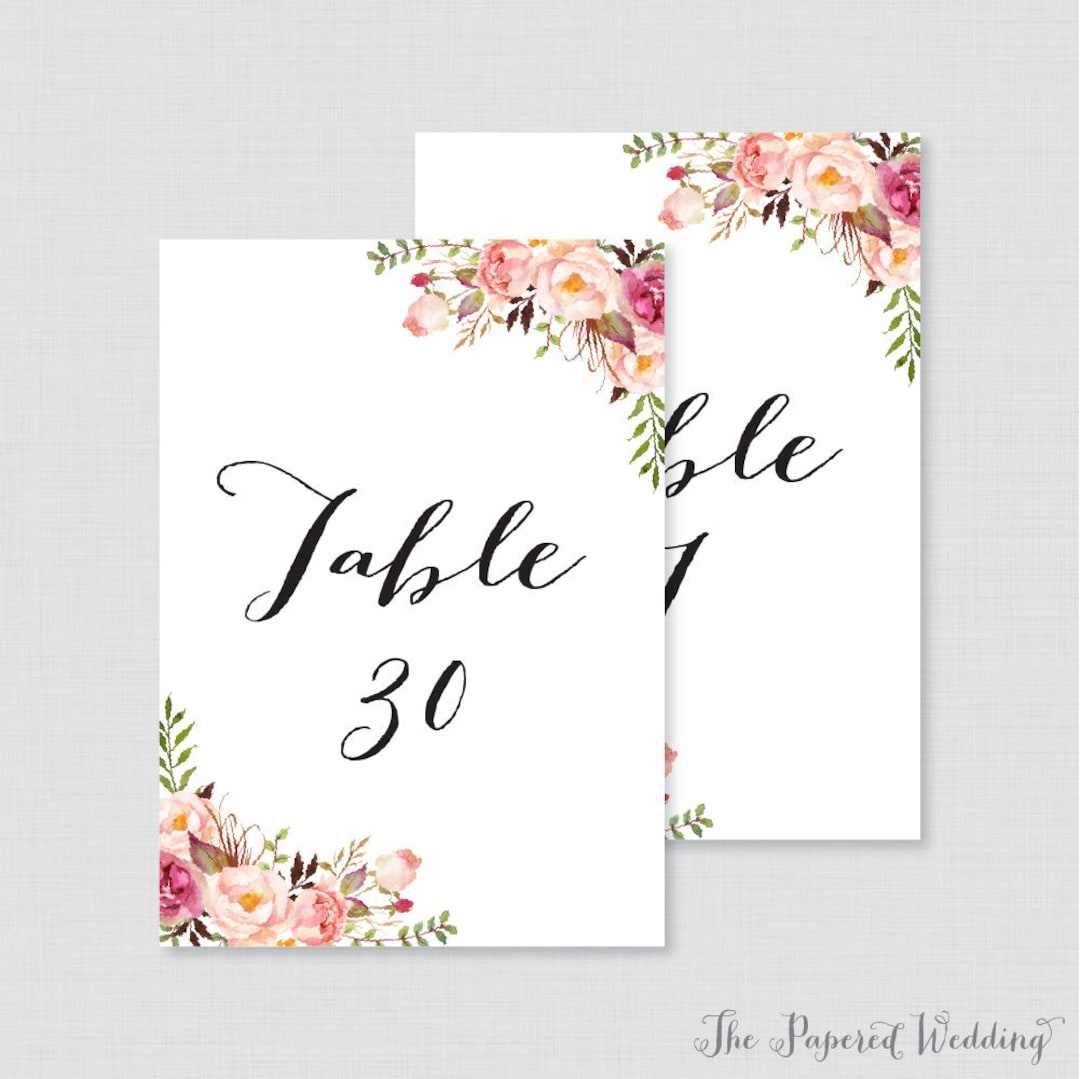 Printable Wedding Table Numbers - Pink Floral Table Numbers for Wedding ...