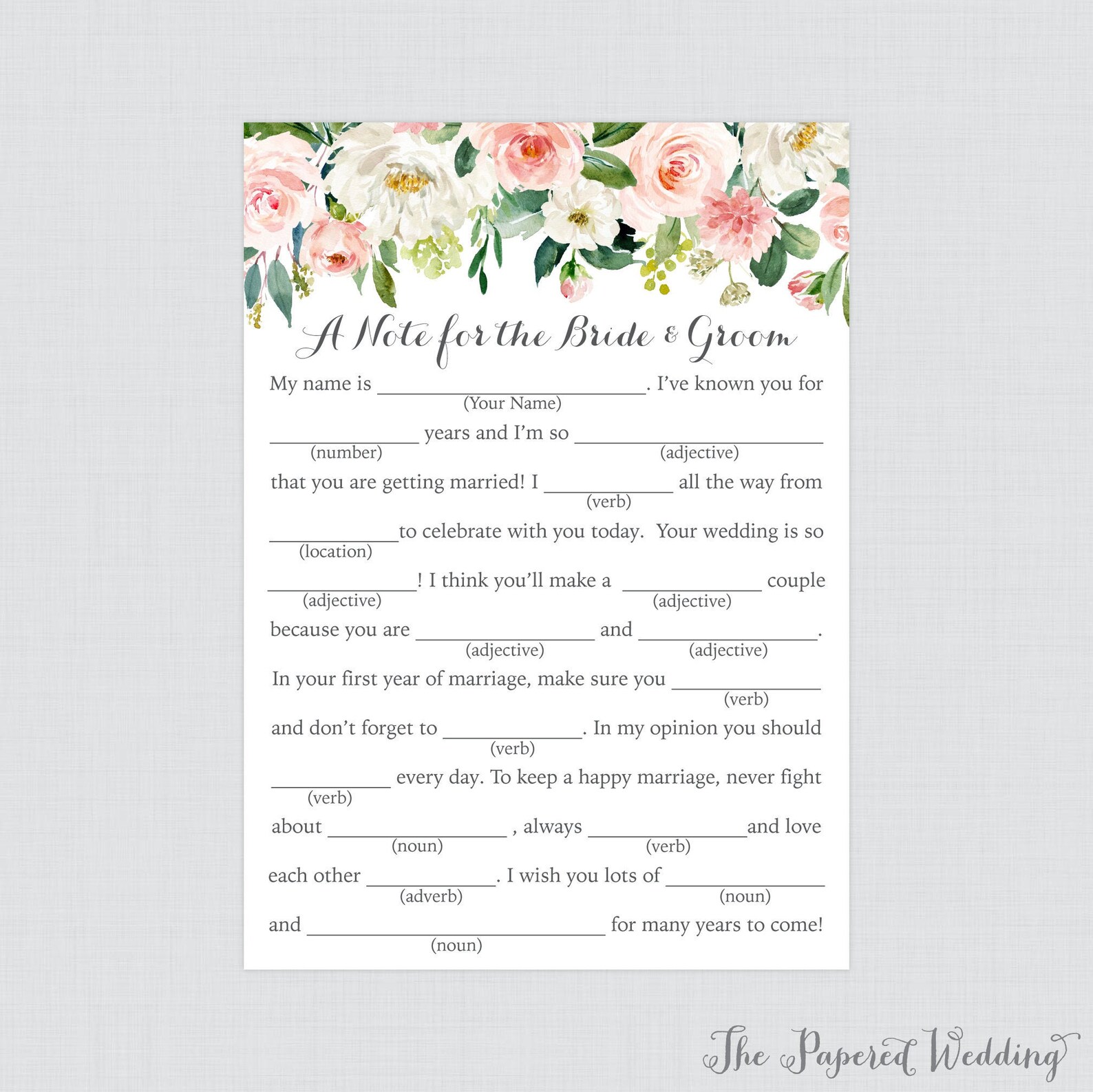 Printable Wedding Mad Libs Pink Flower Wedding Mad Libs - Etsy