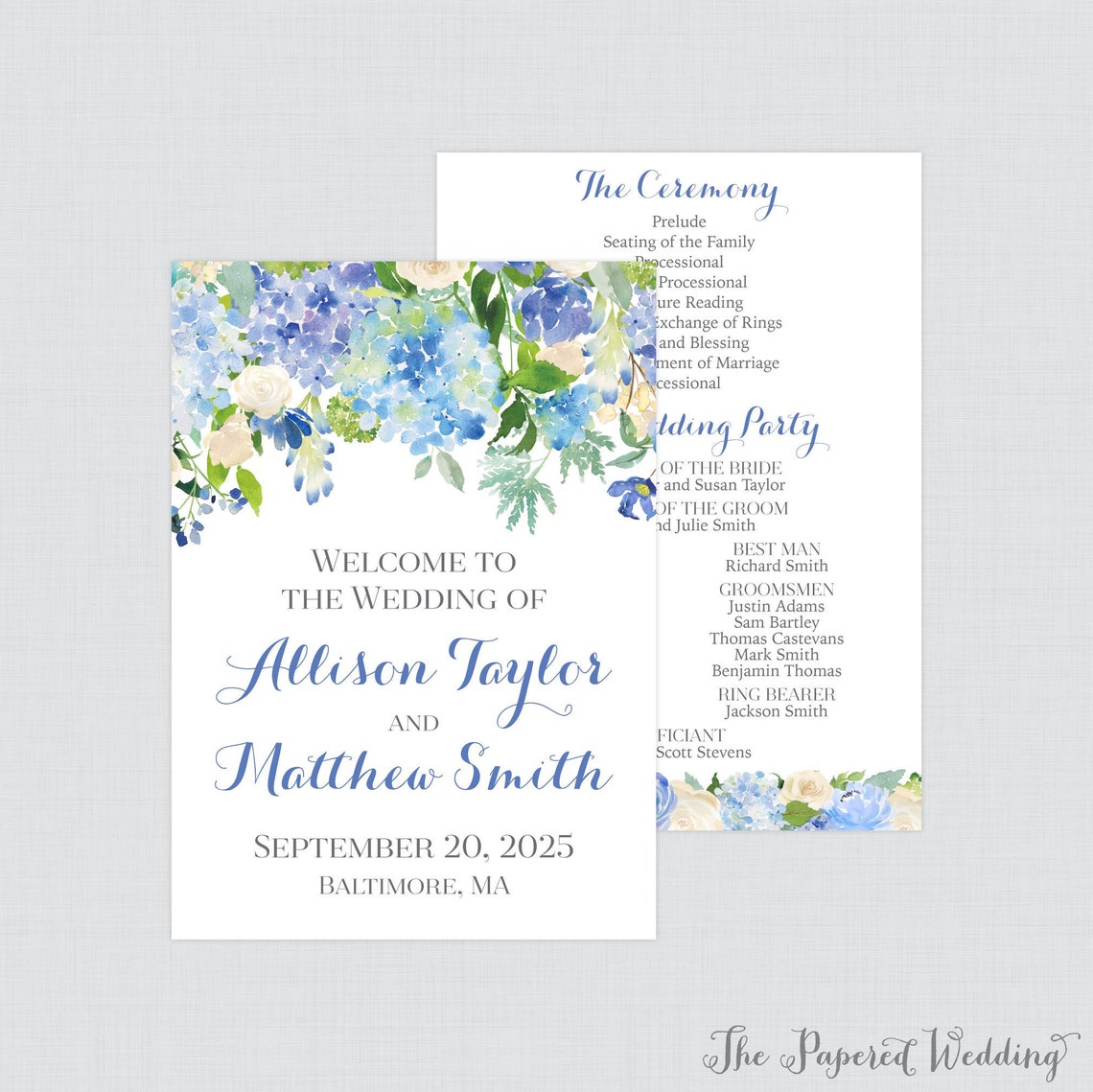 Printable OR Printed Wedding Programs Blue Hydrangea Wedding | Etsy