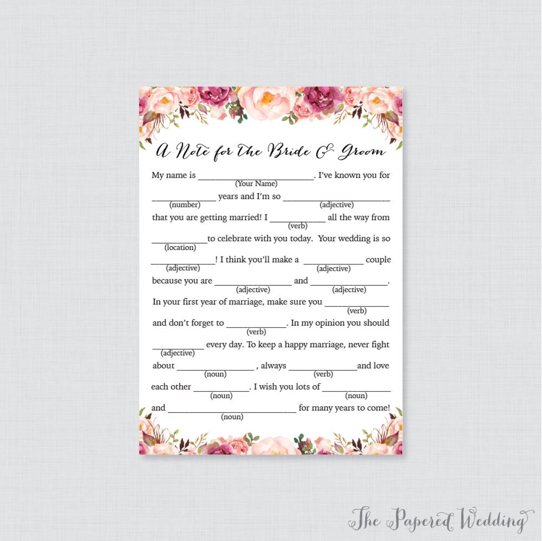 Printable Wedding Mad Libs - Pink Floral Wedding Mad Libs Cards for ...