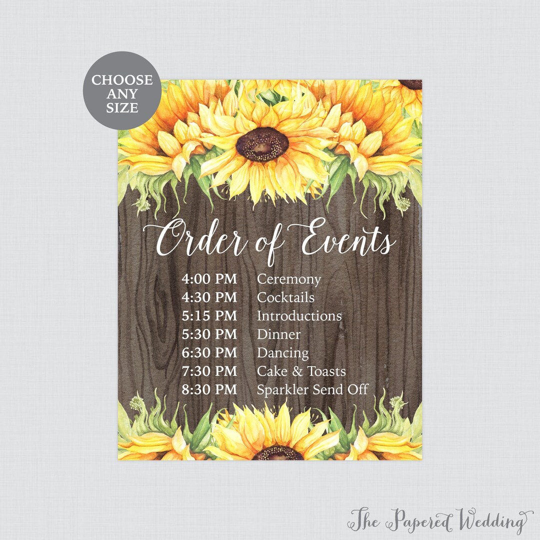 Printable Sunflower and Wood Order of Events Sign - Sunflower Wedding ...