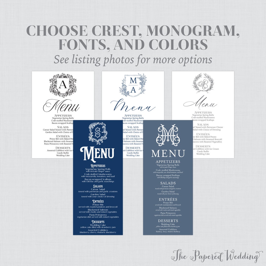 Printable OR Printed Menu Cards - Choose Your Crest, Monogram, Fonts ...