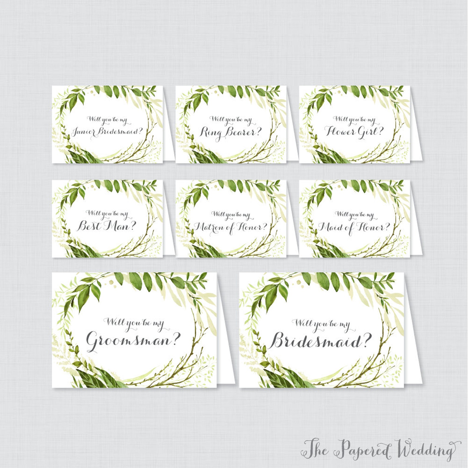 Printable Wedding Party Cards Package Green Wreath Will You | Etsy