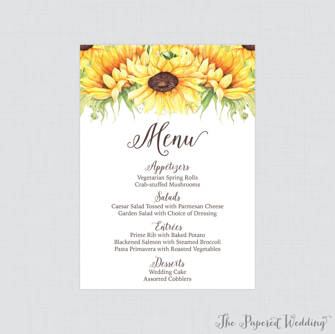 Printable OR Printed Sunflower Wedding Menu - Yellow Sunflower Wedding ...