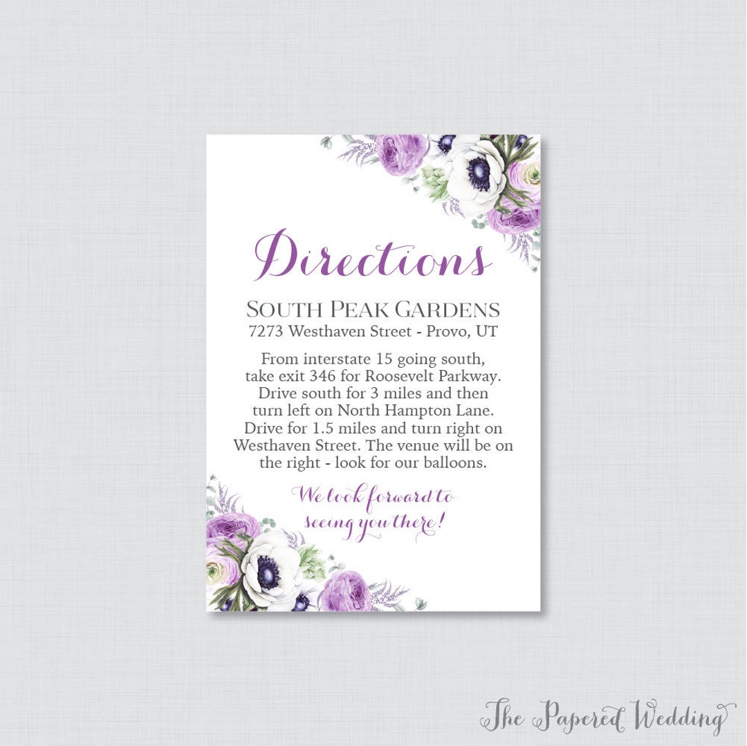 Printable OR Printed Wedding Direction Cards Purple Wedding Directions ...