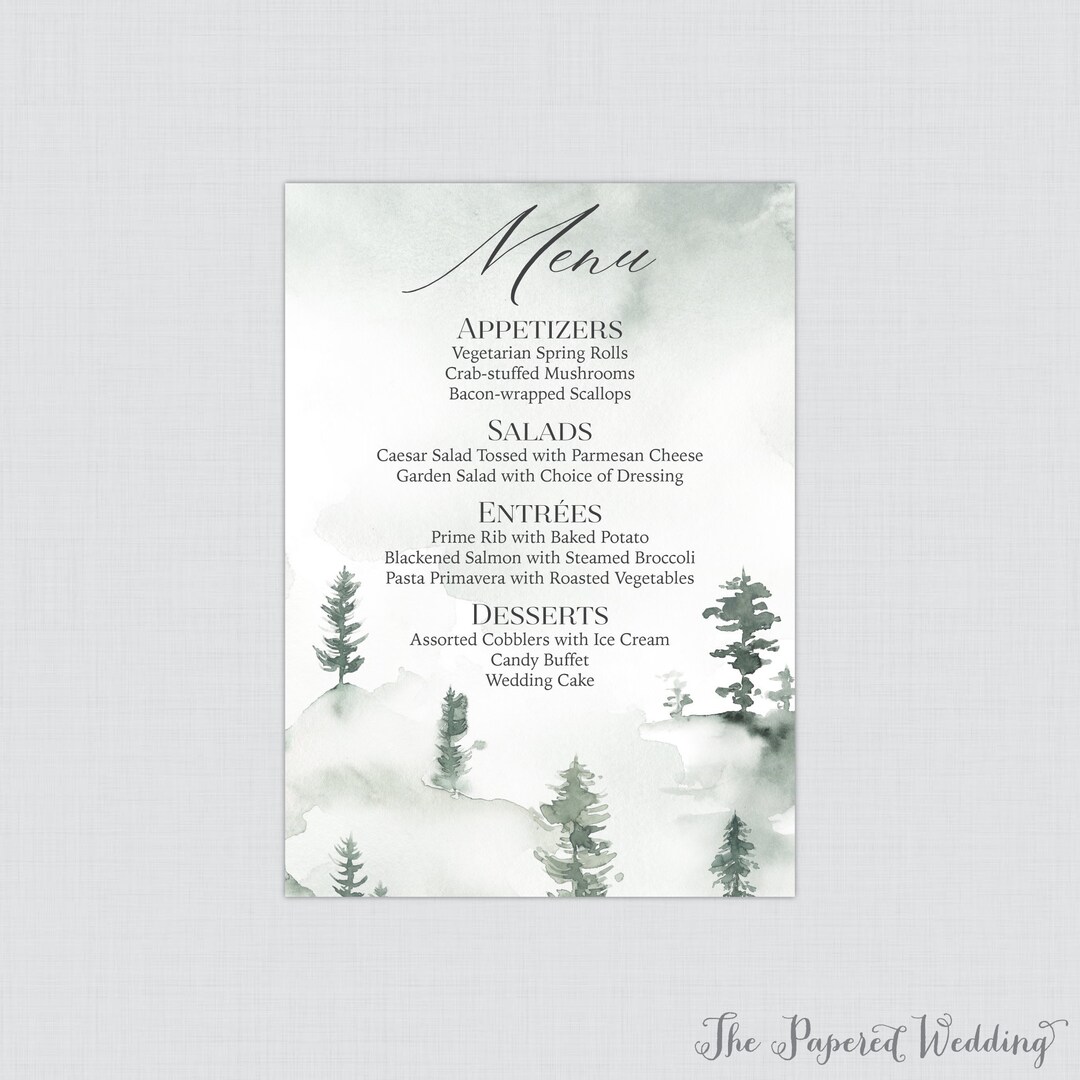 Printable OR Printed Forest Menu Cards - Watercolor Green Trees Wedding ...