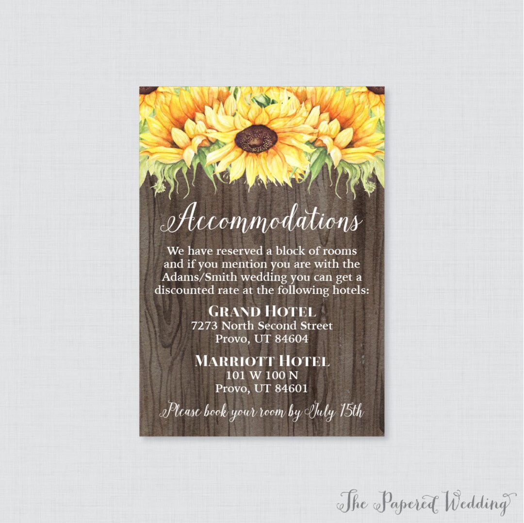 Printable OR Printed Wedding Accommodation Cards Sunflower Accommodation Inserts, Rustic Wood ...