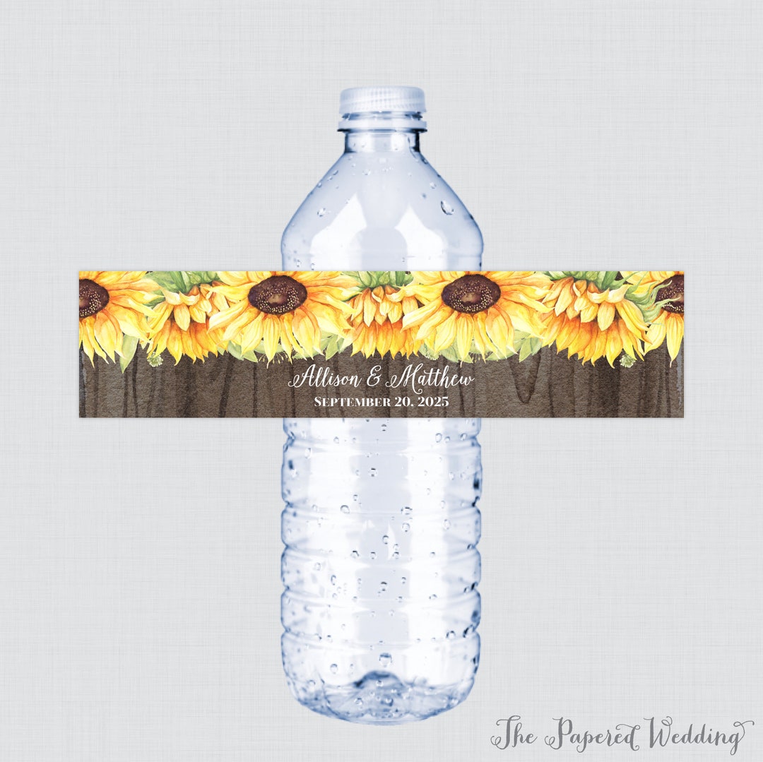 Printable OR Printed Sunflower and Wood Wedding Water Bottle Labels ...