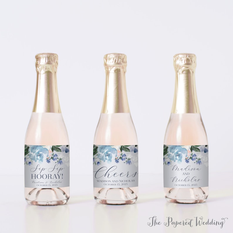 PRINTED Blue Flower Wedding Mini Champagne Bottle Labels - Blue Floral ...