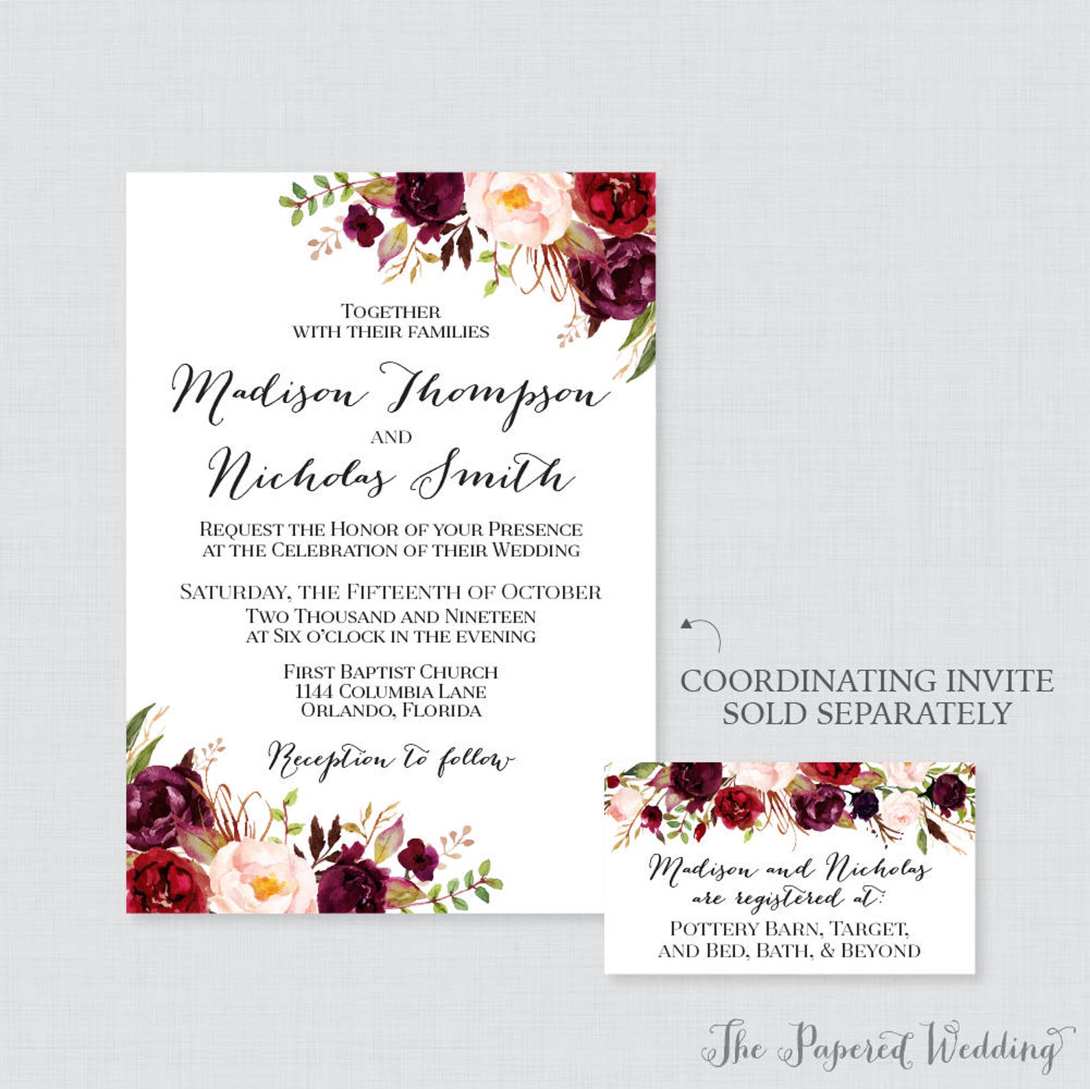 Printable OR Printed Wedding Registry Cards - Marsala and Pink Floral ...