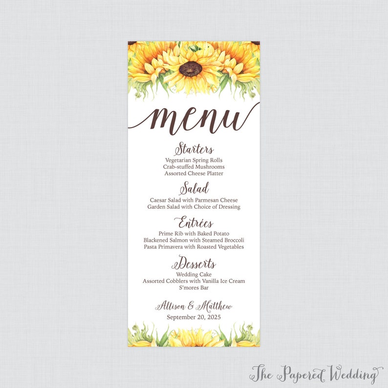 Printable OR Printed Sunflower Wedding Menu Cards Yellow - Etsy